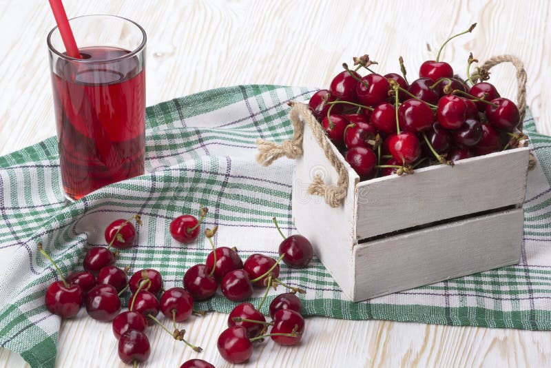 Juice and Red Cherries in a Wooden Box Stock Image - Image of nutrient ...