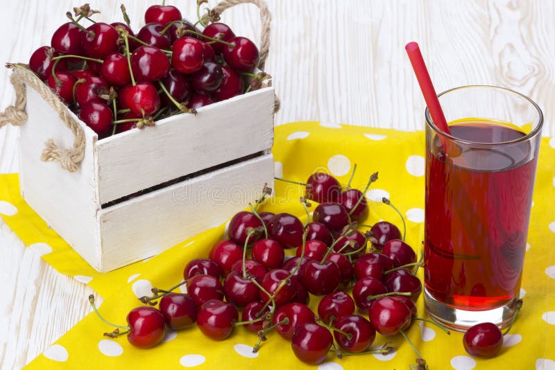 Juice and Red Cherries in a Wooden Box Stock Image - Image of beautiful ...