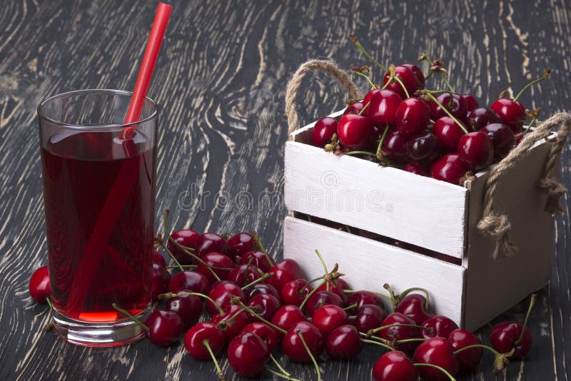Juice and Red Cherries in a Wooden Box Stock Image - Image of fresh ...
