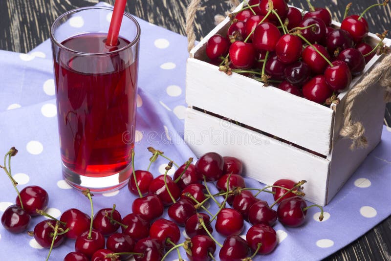 Juice and Red Cherries in a Wooden Box Stock Photo - Image of beautiful ...