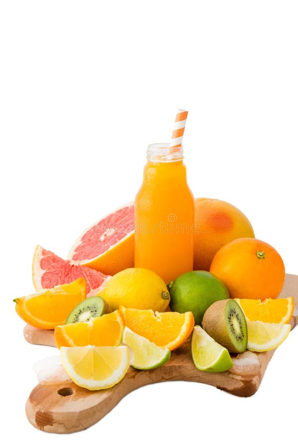 Juice with Selection of Tropical Fruits, Isolated on White Stock Photo ...