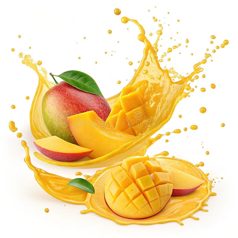 Juice Splash with Mango and Mango Slices Stock Illustration ...