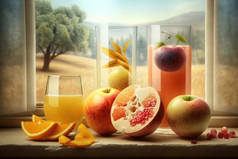 Juices from Fresh Fruit on a Wooden Table Against a Window Background ...