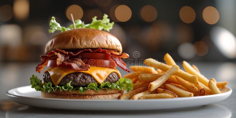 Juicy Bacon Cheeseburger with Lettuce and Tomato on a Wooden Board ...