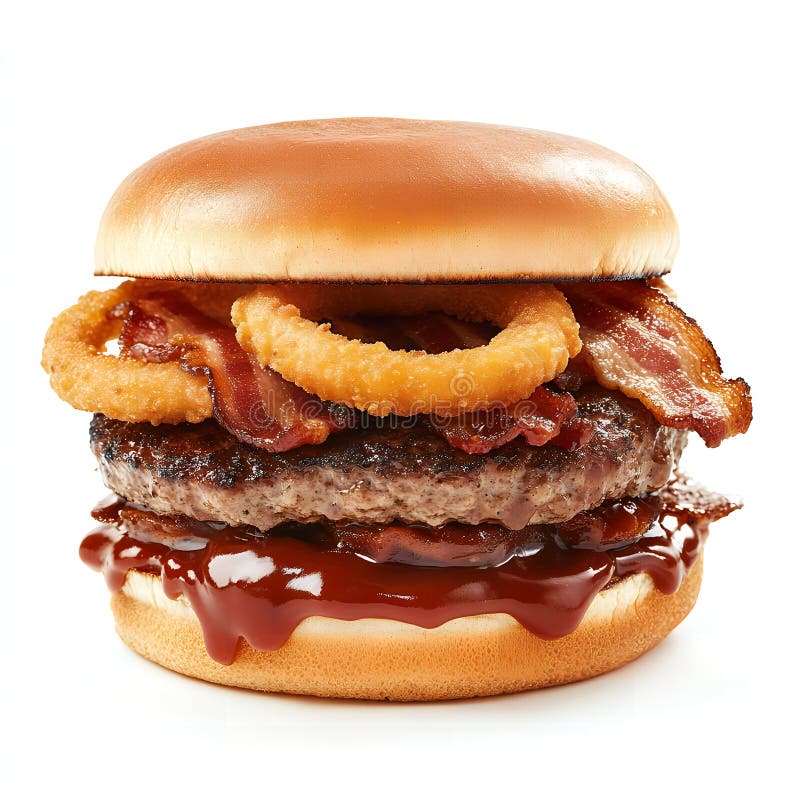 Juicy Bacon Cheeseburger with Crispy Onion Rings and BBQ Sauce Stock ...