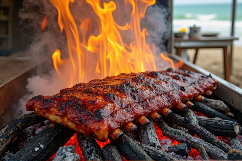 Juicy Barbecue Ribs Grilling Over Open Flame on Beachside Pit Stock ...