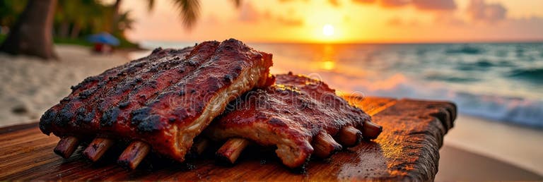 Juicy Barbecue Ribs on Tropical Beach at Sunset Stock Image - Image of ...