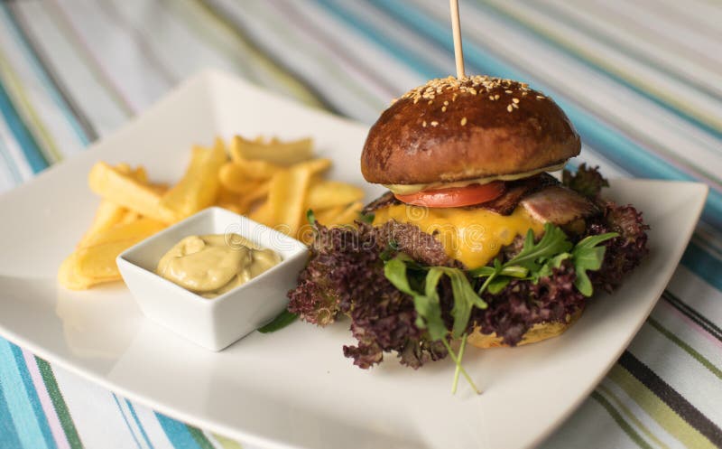 Juicy Beef Burger with Fries Stock Image - Image of life, american ...