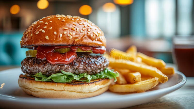 Juicy Beef Burger with Sesame Bun and Fries Stock Illustration ...