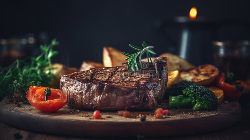 Juicy Beef Steak and Grilled Vegetables Served on a Solid Wooden Slab ...