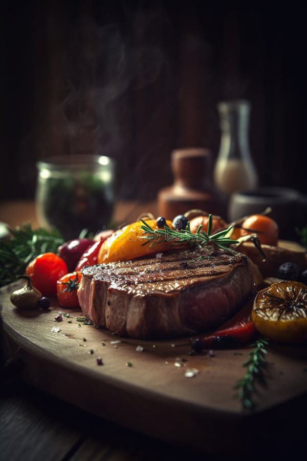 Juicy Beef Steak and Grilled Vegetables Served on a Solid Wooden Slab ...
