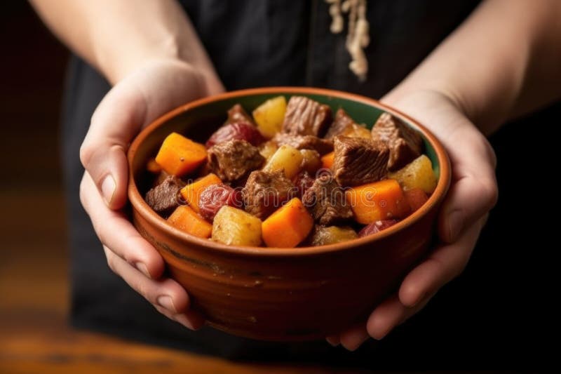 Juicy Beef Stew in a Bowl Held by Hand Stock Illustration ...