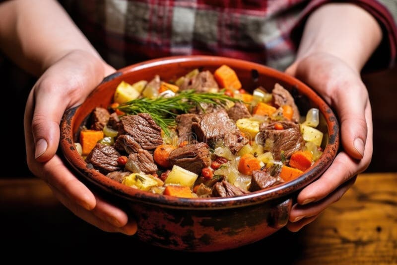 Juicy Beef Stew in a Bowl Held by Hand Stock Photo - Image of bowl ...