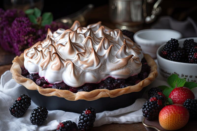 Juicy Blackberry Meringue Pie Topped with Fresh Fruit Stock Photo ...