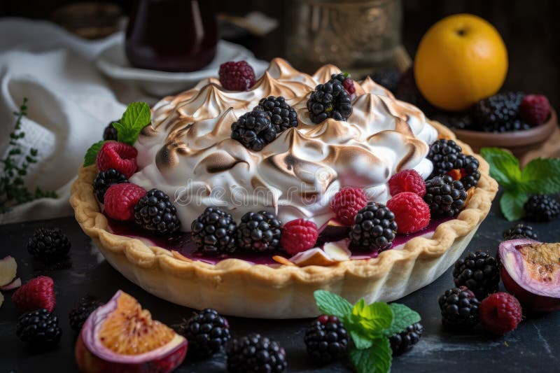 Juicy Blackberry Meringue Pie Topped with Fresh Fruit Stock ...