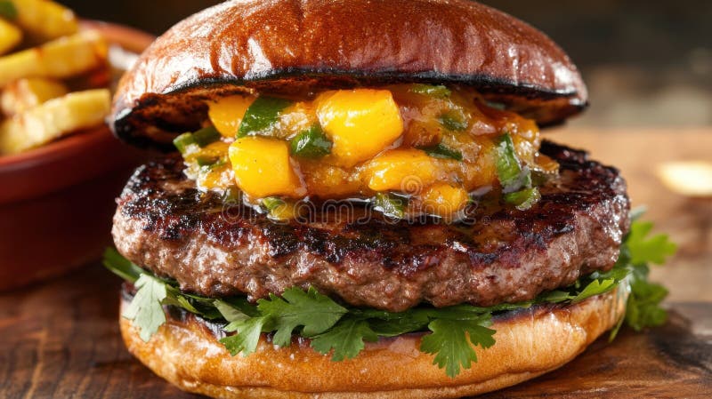 Juicy Burger with Mango Salsa and Fresh Cilantro on a Toasted Bun Stock ...