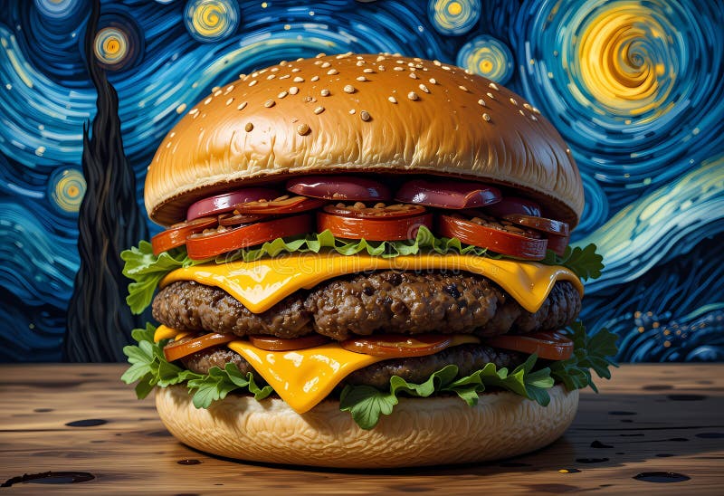 Juicy Burger, Melted Cheese, Starry Night Backdrop Stock Illustration ...