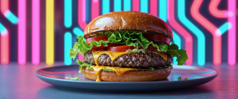 Juicy Burger Served on Table with Retro Neon Lights Background. Stock ...