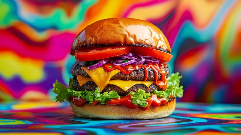 Juicy Cheeseburger with Colorful Background, Vibrant Dining Concept ...