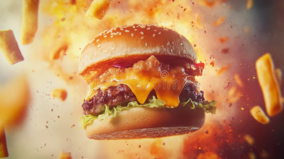 Juicy Cheeseburger with Crispy Fries Exploding in a Fiery Background ...
