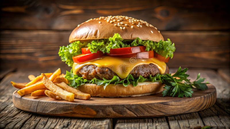 Juicy Cheeseburger with Crispy Fries on Rustic Wooden Board. Generative ...