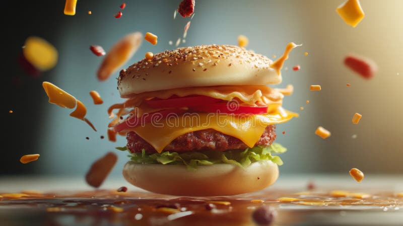 Juicy Cheeseburger with Falling Toppings Stock Illustration ...