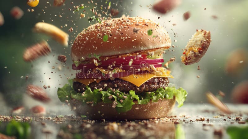 Juicy Cheeseburger with Falling Toppings Stock Illustration ...