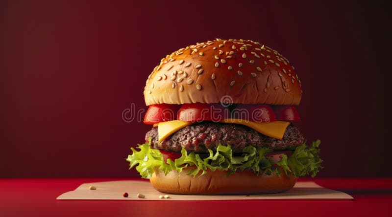 A Juicy Cheeseburger with Fresh Ingredients on a Red Backdrop ...
