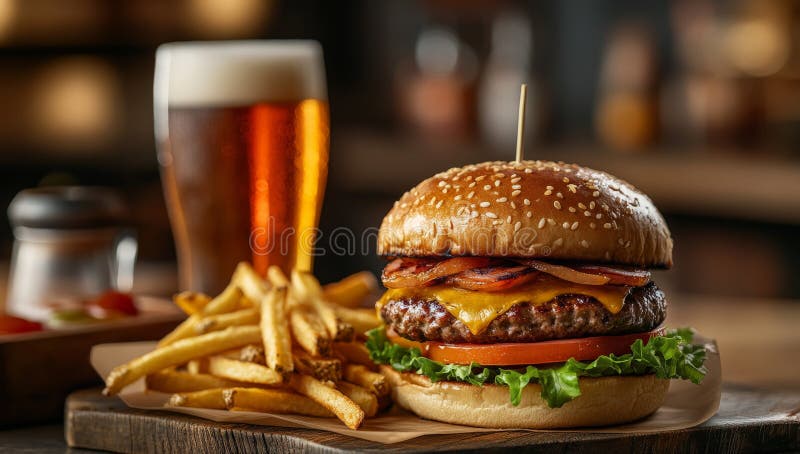 Juicy Cheeseburger with Fries and Beer in a Cozy Pub Setting Stock ...