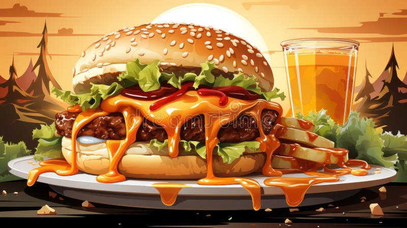 Juicy Cheeseburger with Gooey Cheese Pull Flat Illustration Stock ...