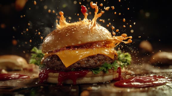 Juicy Cheeseburger with Ketchup Explosion Stock Photo - Image of explosion, messy: 376518008