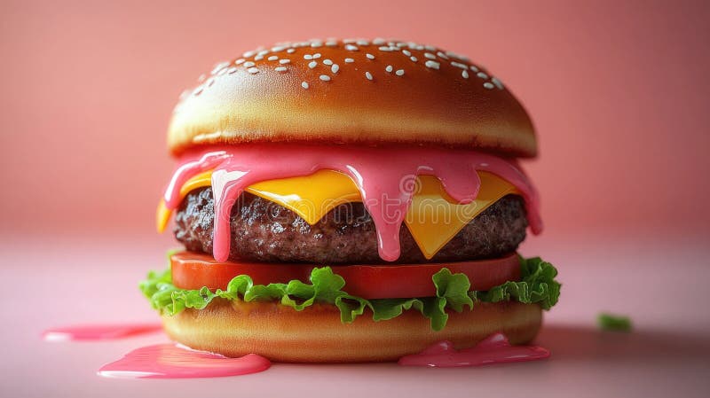 Juicy Cheeseburger with Pink Sauce and Fresh Vegetables on a Bun Stock ...