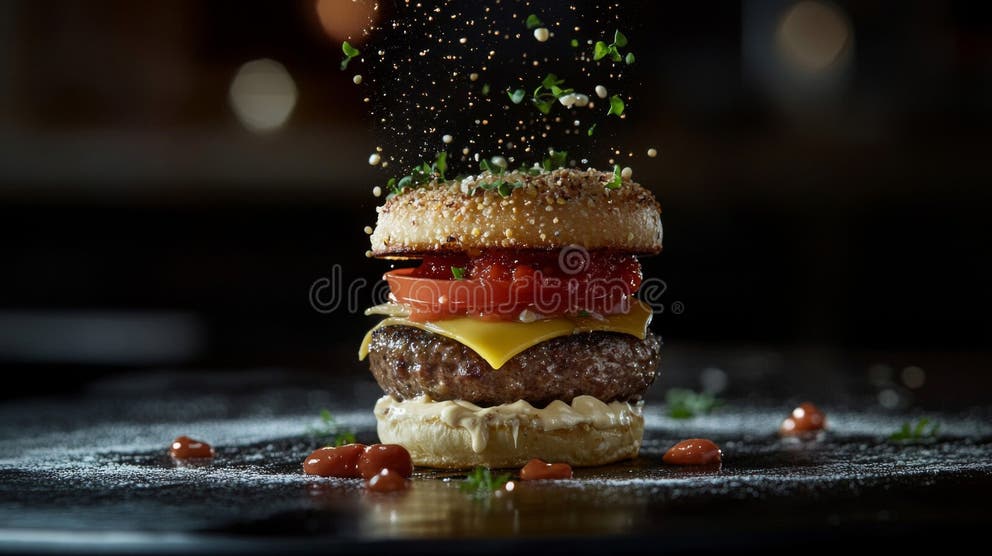 Juicy Cheeseburger with Sesame Bun and Herbs Stock Illustration ...