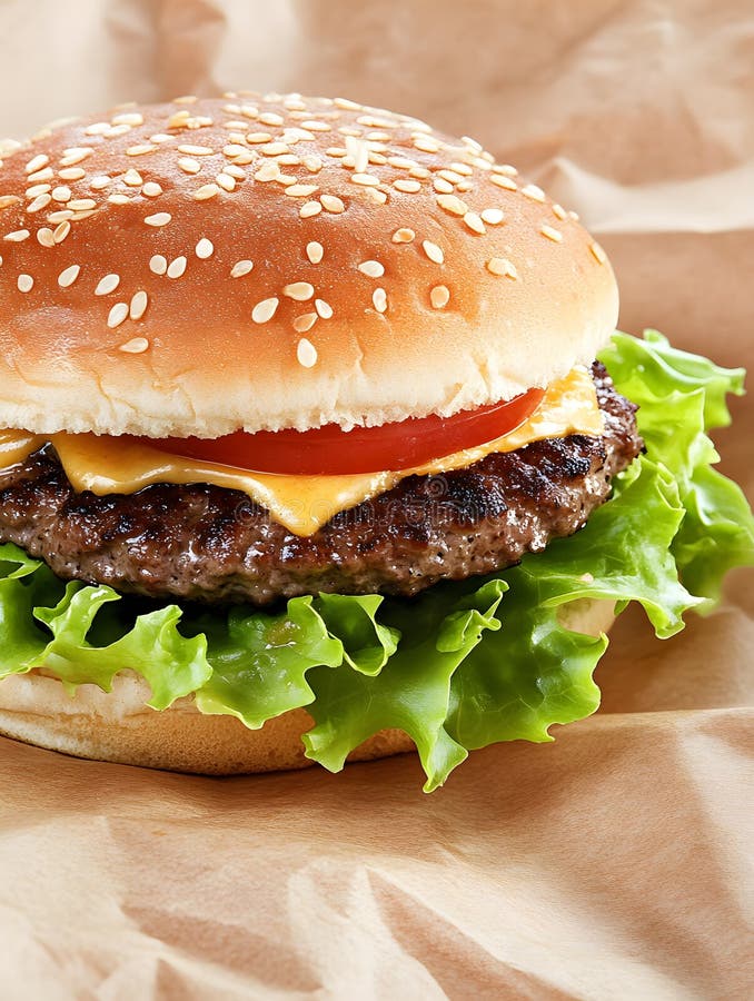 Juicy Cheeseburger with Sesame Seed Bun Lettuce and Tomato on Parchment ...