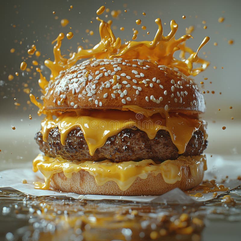 Juicy Cheeseburger with Sesame Seed Bun and Melted Cheese, Captured Mid ...