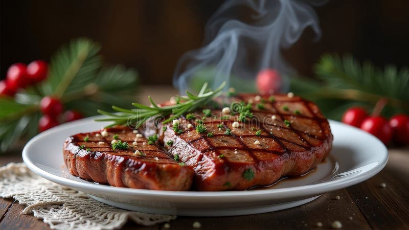 Juicy Christmas Beef Steak on a White Plate Stock Illustration ...