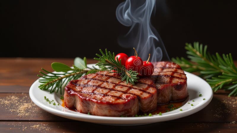 Juicy Christmas Beef Steak on a White Plate Stock Illustration ...