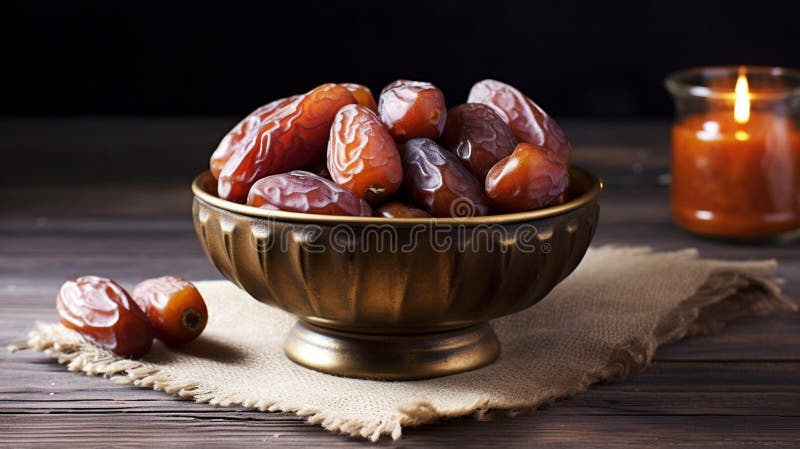 Juicy Dates in a Traditional Bowl on Wooden Table Stock Illustration ...