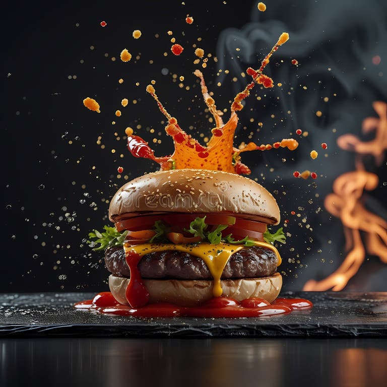 Juicy Double Cheeseburger with Exploding Sauce and Ingredients on Black ...