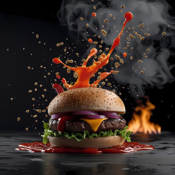Juicy Double Cheeseburger with Exploding Sauce and Ingredients on Black ...