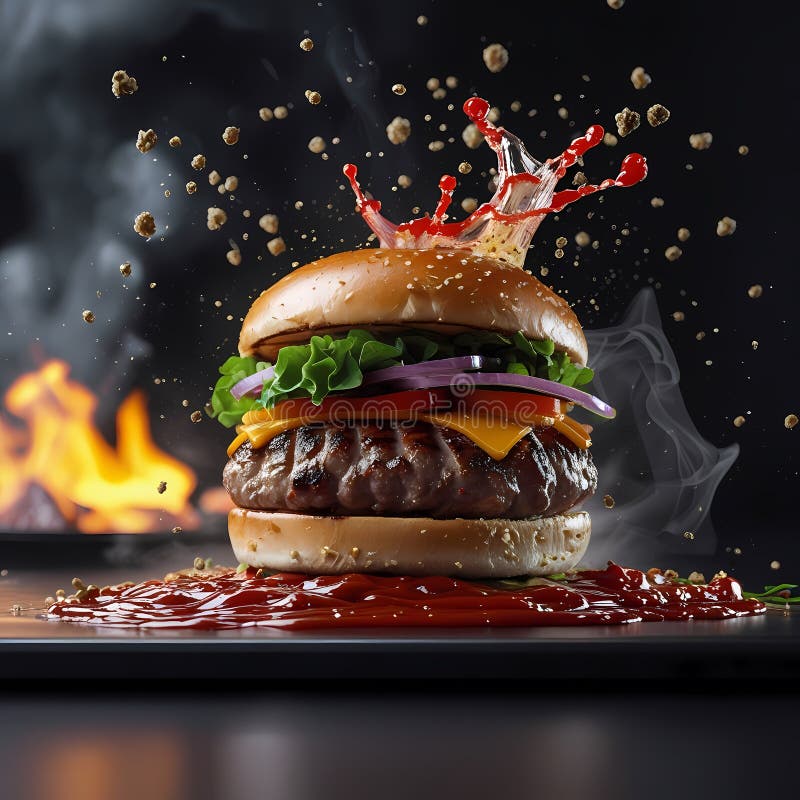 Juicy Double Cheeseburger with Exploding Sauce and Ingredients on Black ...