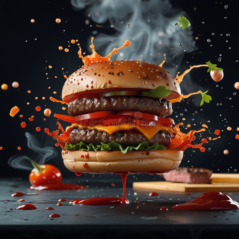 Juicy Double Cheeseburger with Exploding Sauce and Ingredients on Black ...