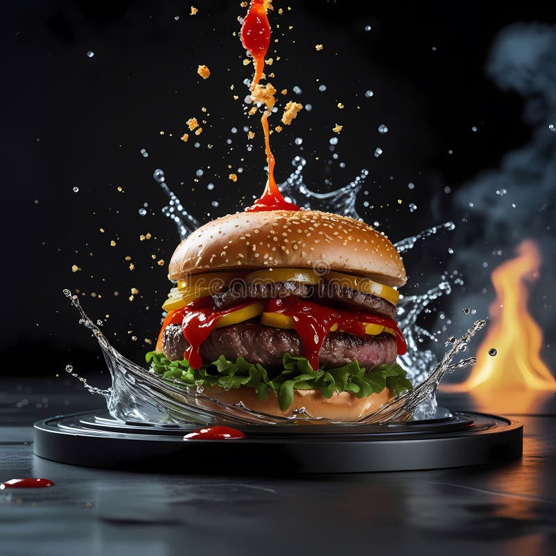 Juicy Double Cheeseburger with Exploding Sauce and Ingredients on Black ...