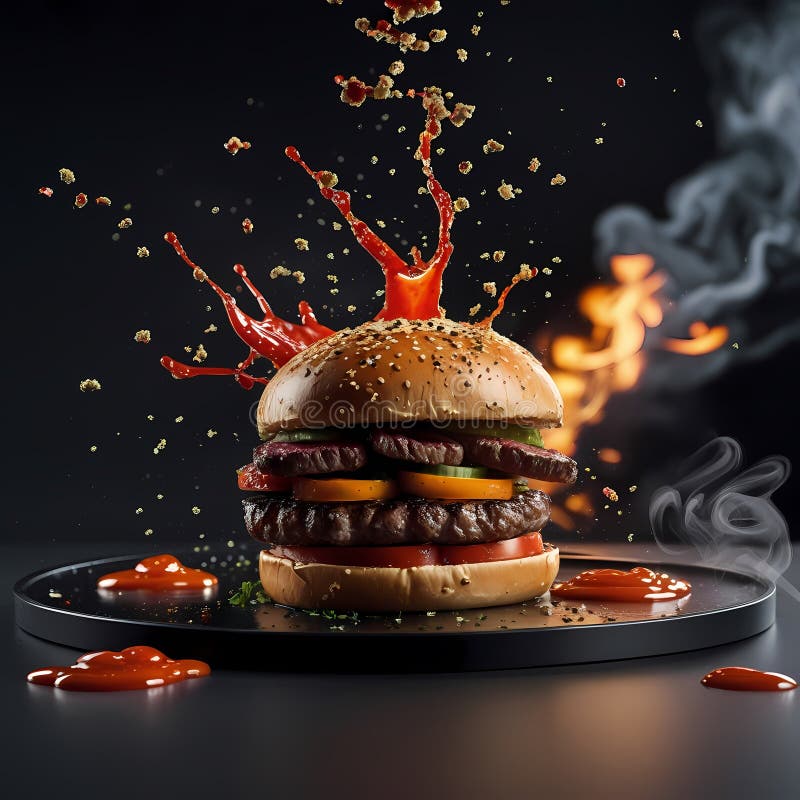 Juicy Double Cheeseburger with Exploding Sauce and Ingredients on Black ...