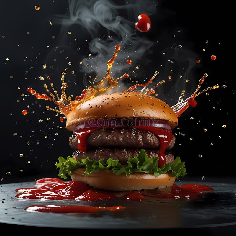Juicy Double Cheeseburger with Exploding Sauce and Ingredients on Black ...
