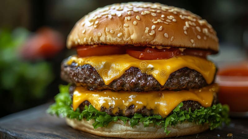 Juicy Double Cheeseburger with Melted Cheese and Sesame Bun Stock ...