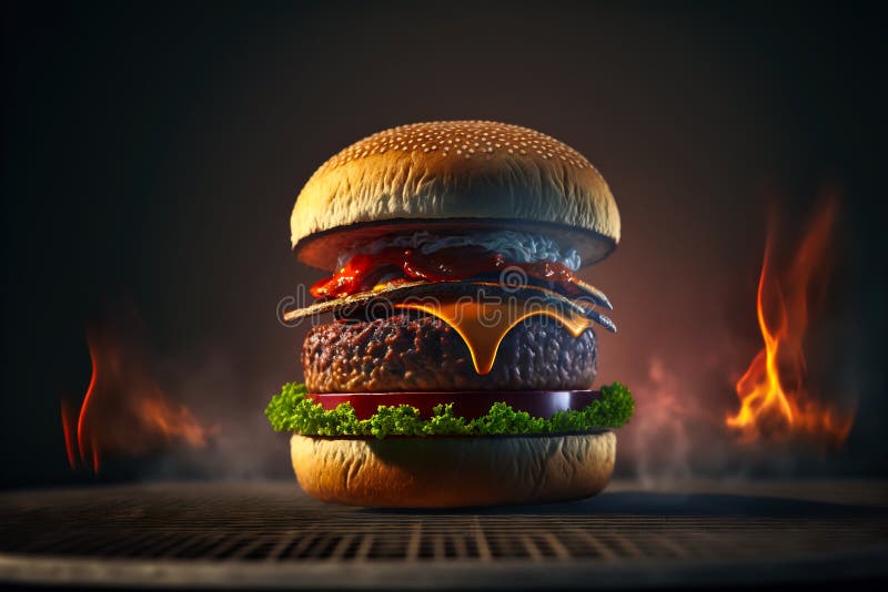Juicy Dripping Burger with Smoke and Fire in the Background Stock ...