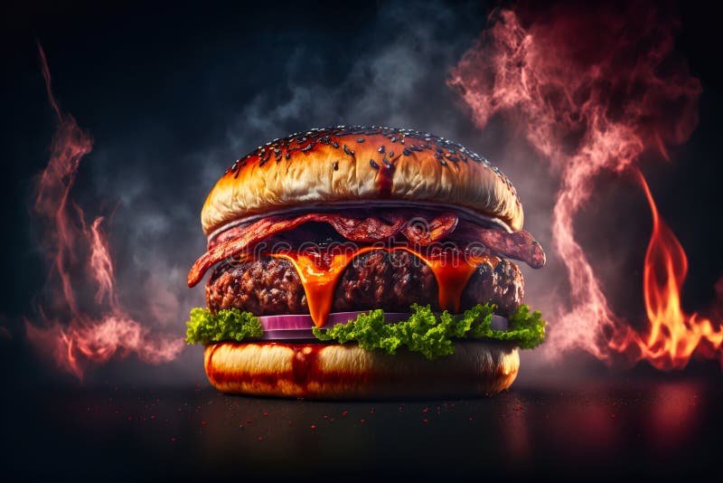 Juicy Dripping Burger with Smoke and Fire in the Background.Generative ...