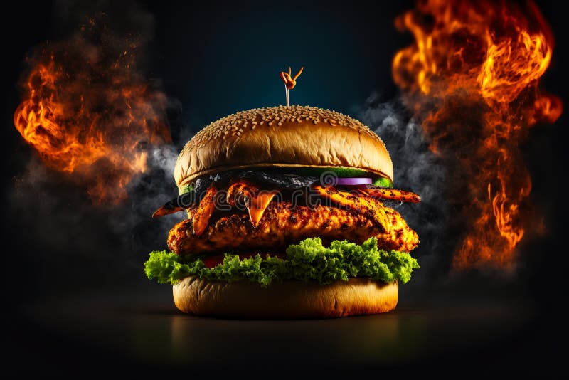 Juicy Dripping Burger with Smoke and Fire in the Background Stock ...