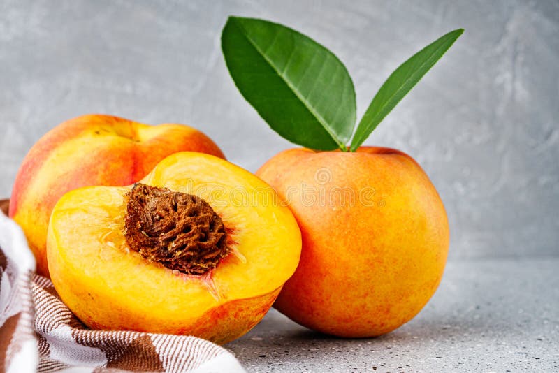 Juicy Fresh Natural Peaches on a Gray Stone Background Stock Photo ...